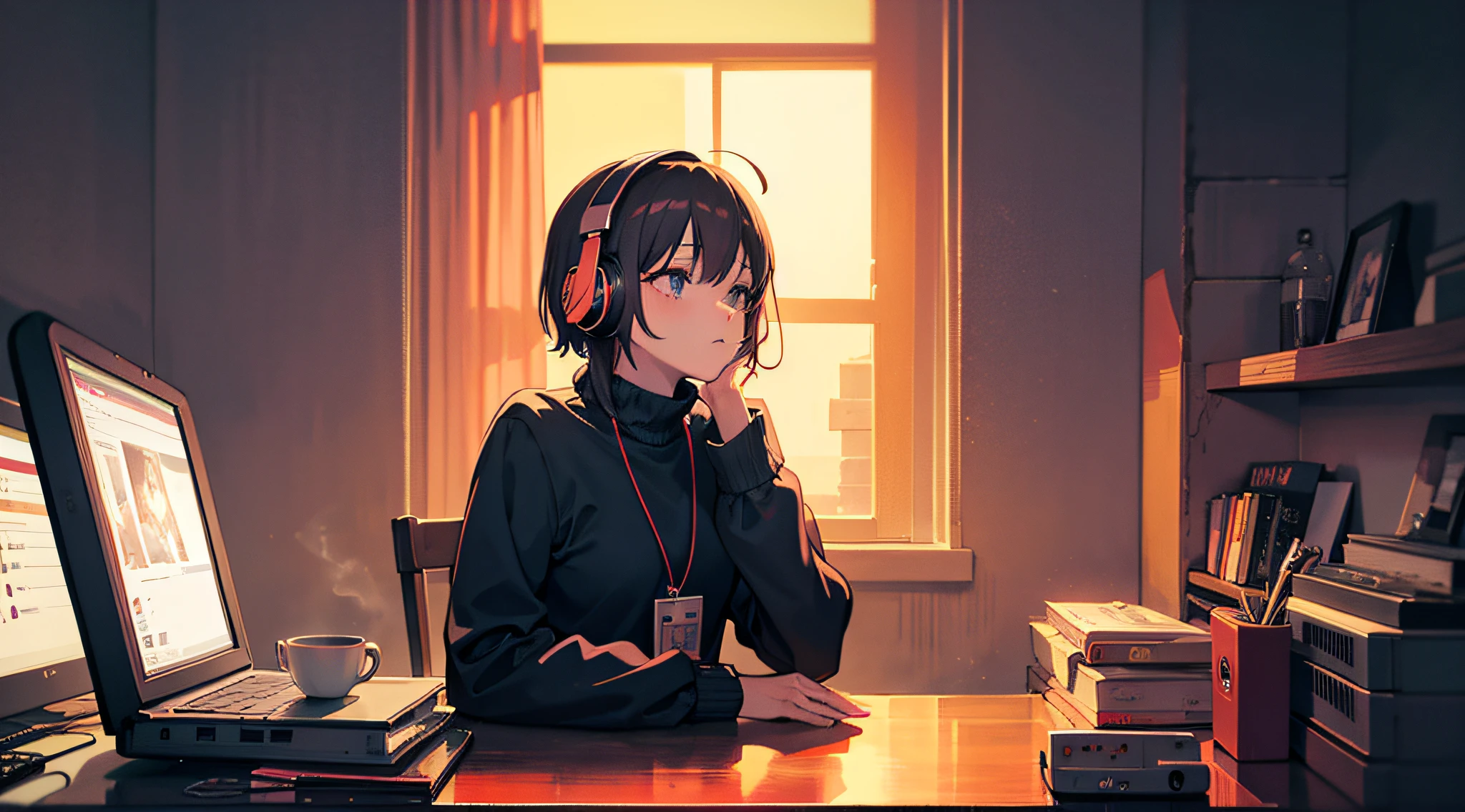 Anime girl sitting at a desk with headphones on and a laptop - SeaArt AI
