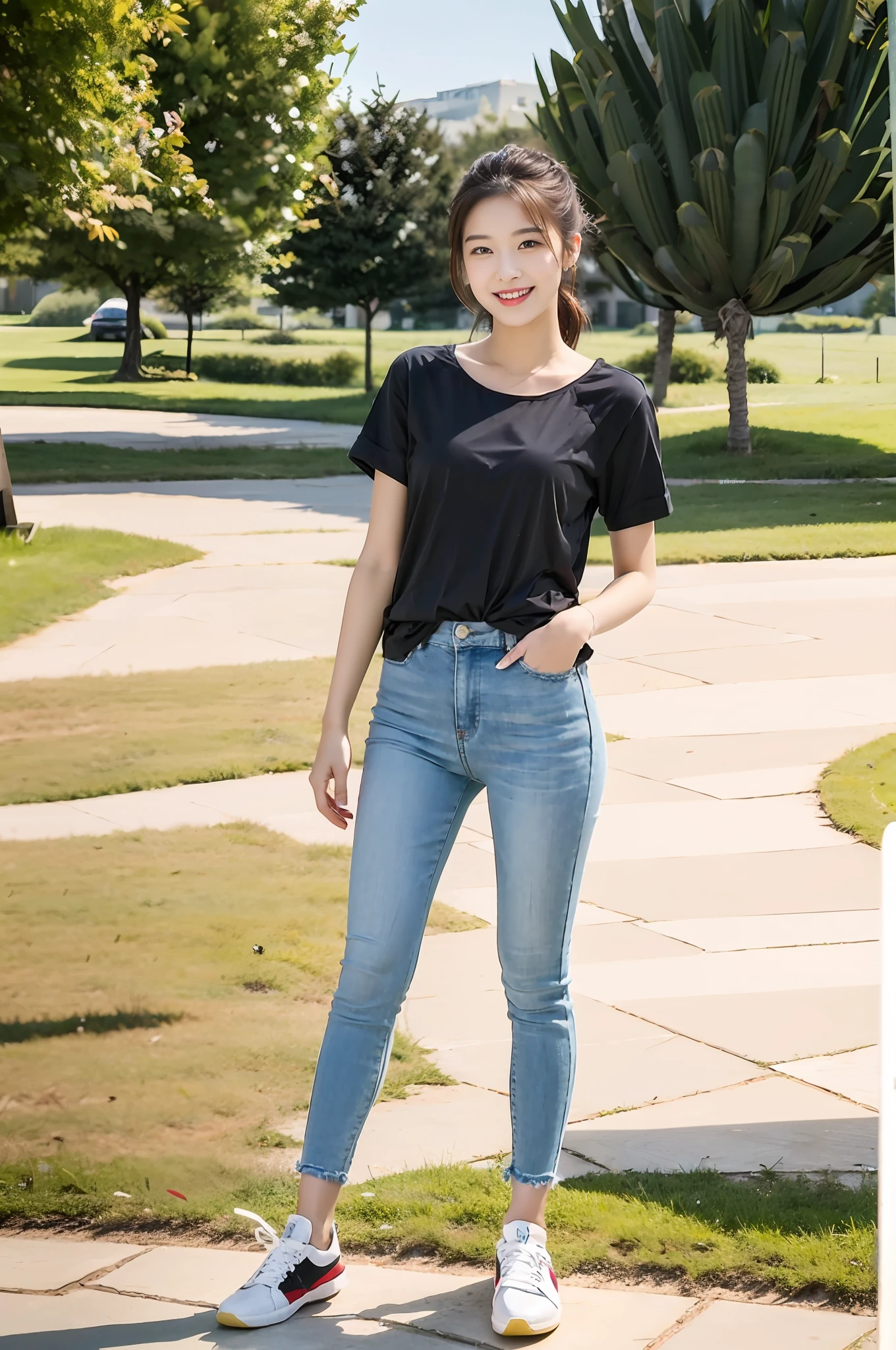 Araffe wearing a black shirt and jeans standing on a sidewalk - SeaArt AI