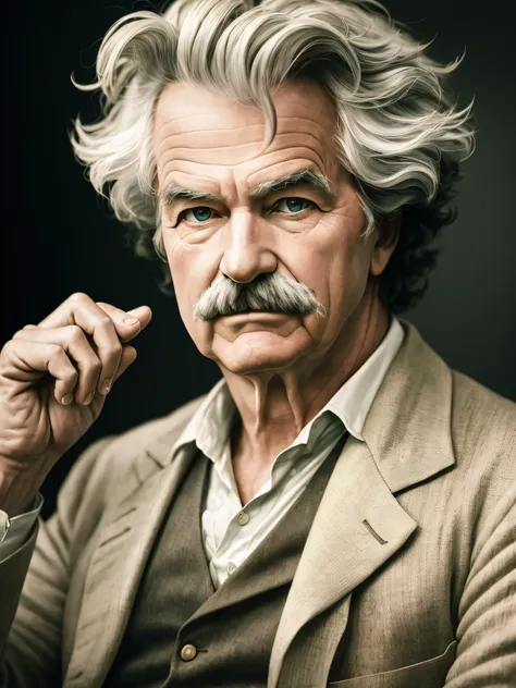 Mark Twain, the renowned American author, is captured in a captivating ...