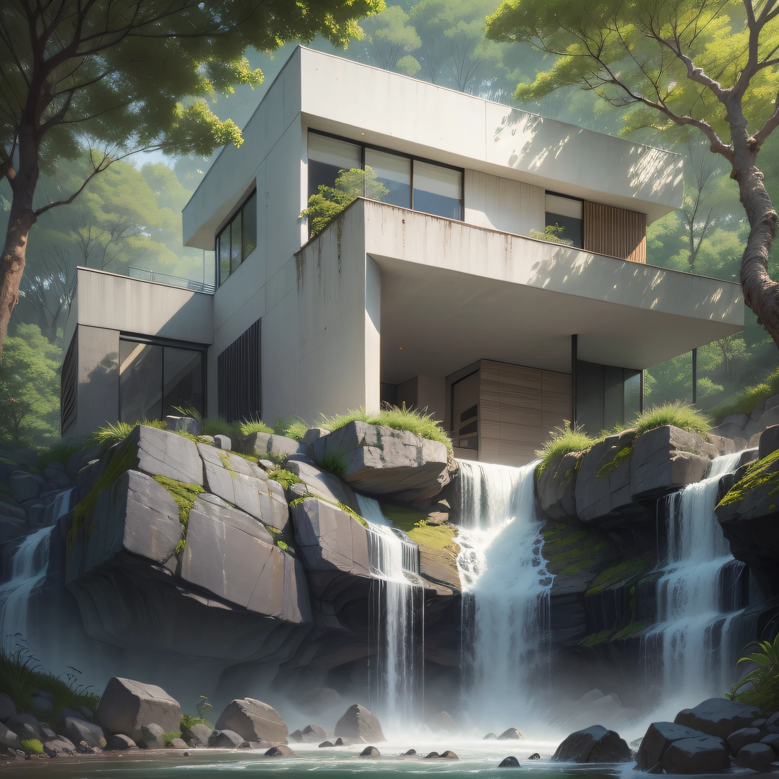 Uma cachoeira em frente a uma moderna casa de concreto branco na ...