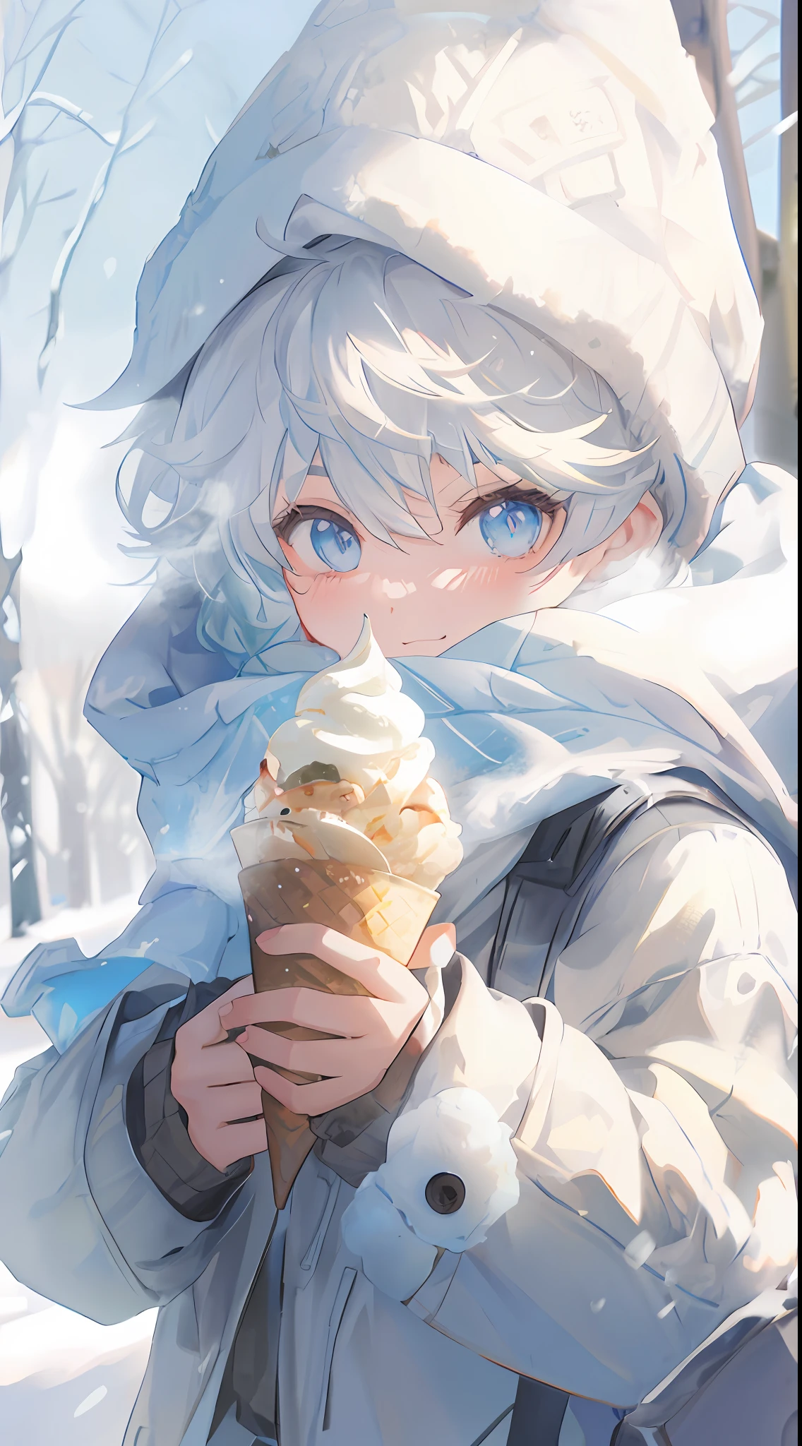 Anime girl eating ice cream cone in winter scene with trees - SeaArt AI