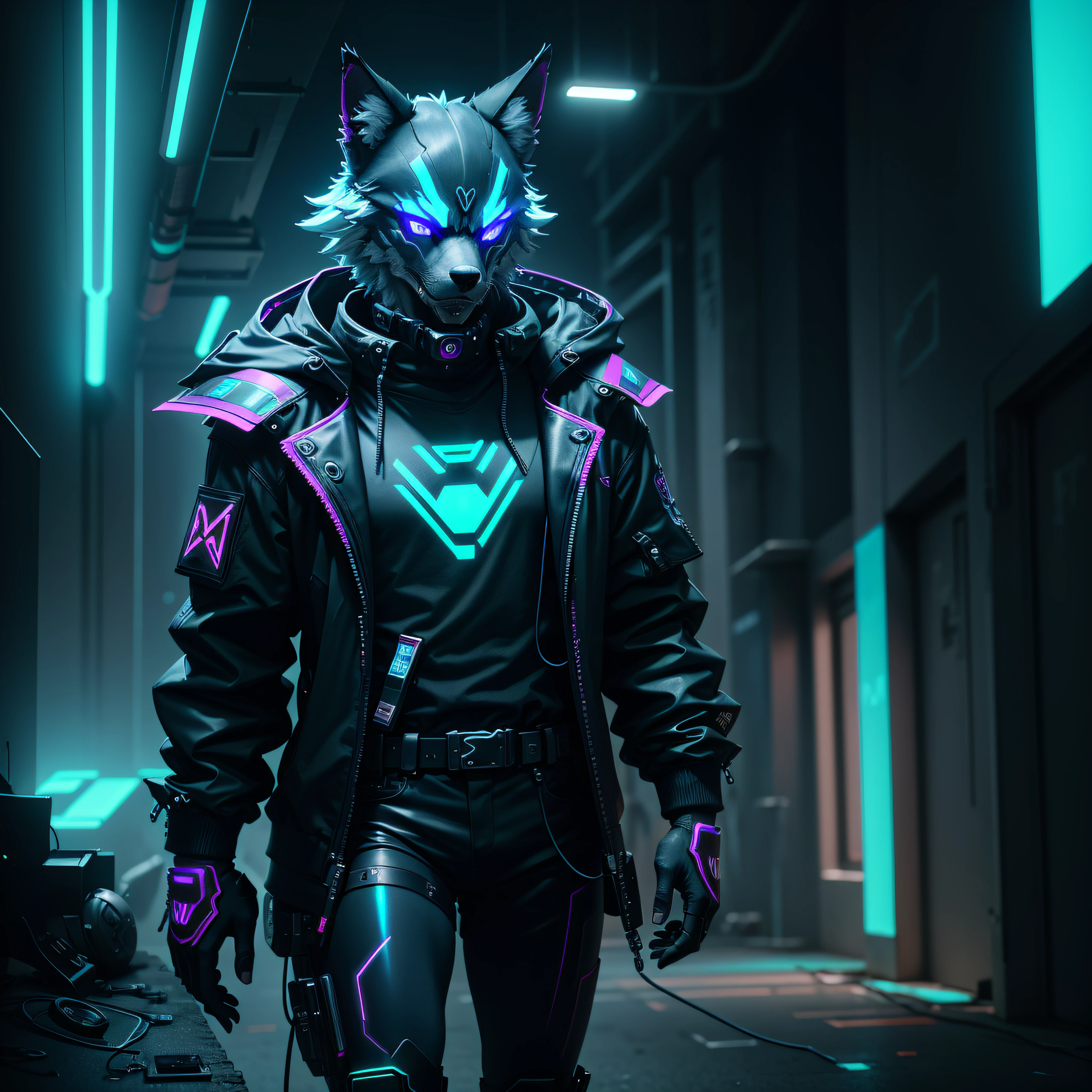 render a cyberpunk of wolf with a focus neon lighting and holographic ...