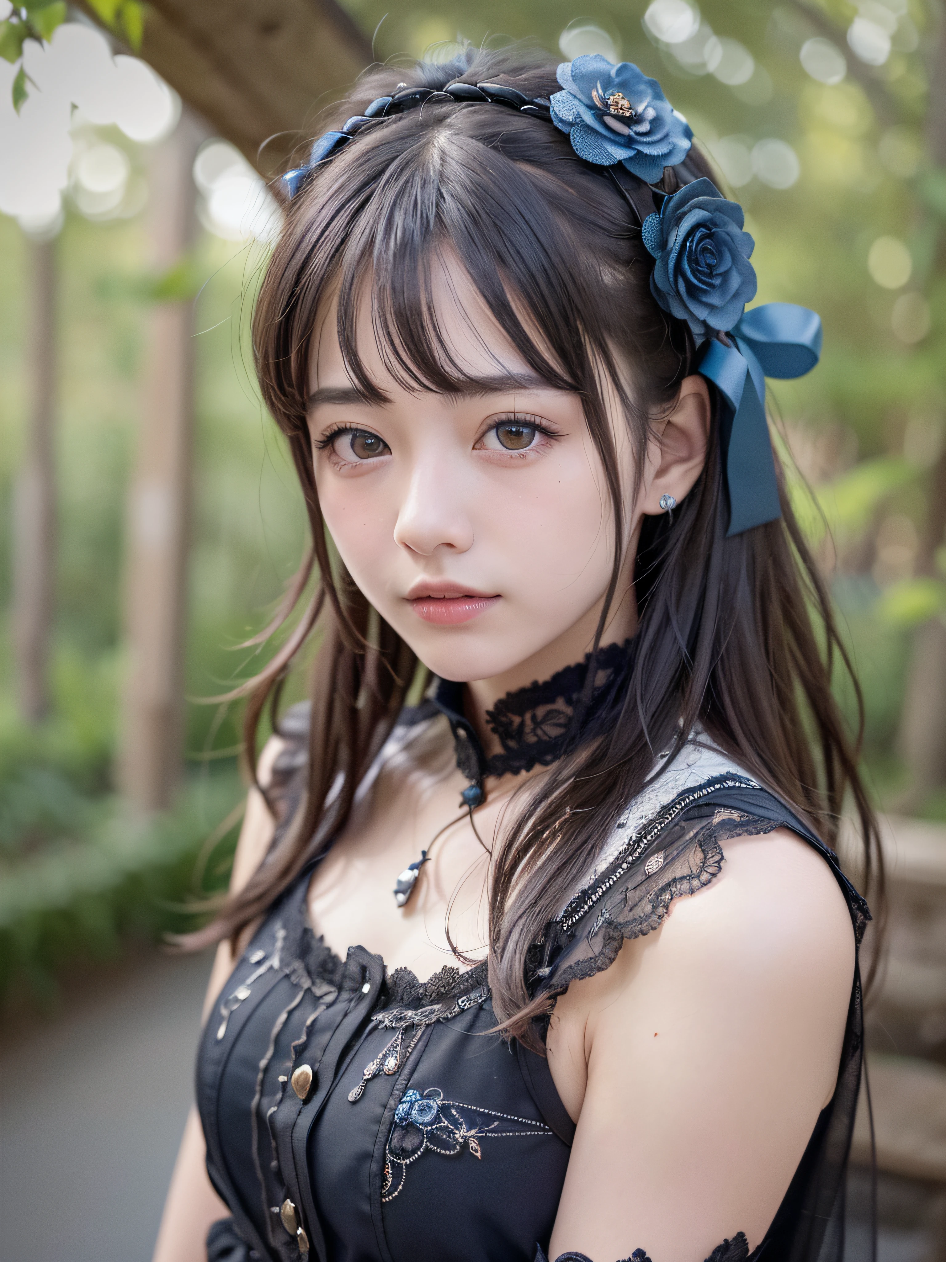 A close up of a woman wearing a black dress and a blue flower headband - SeaArt AI