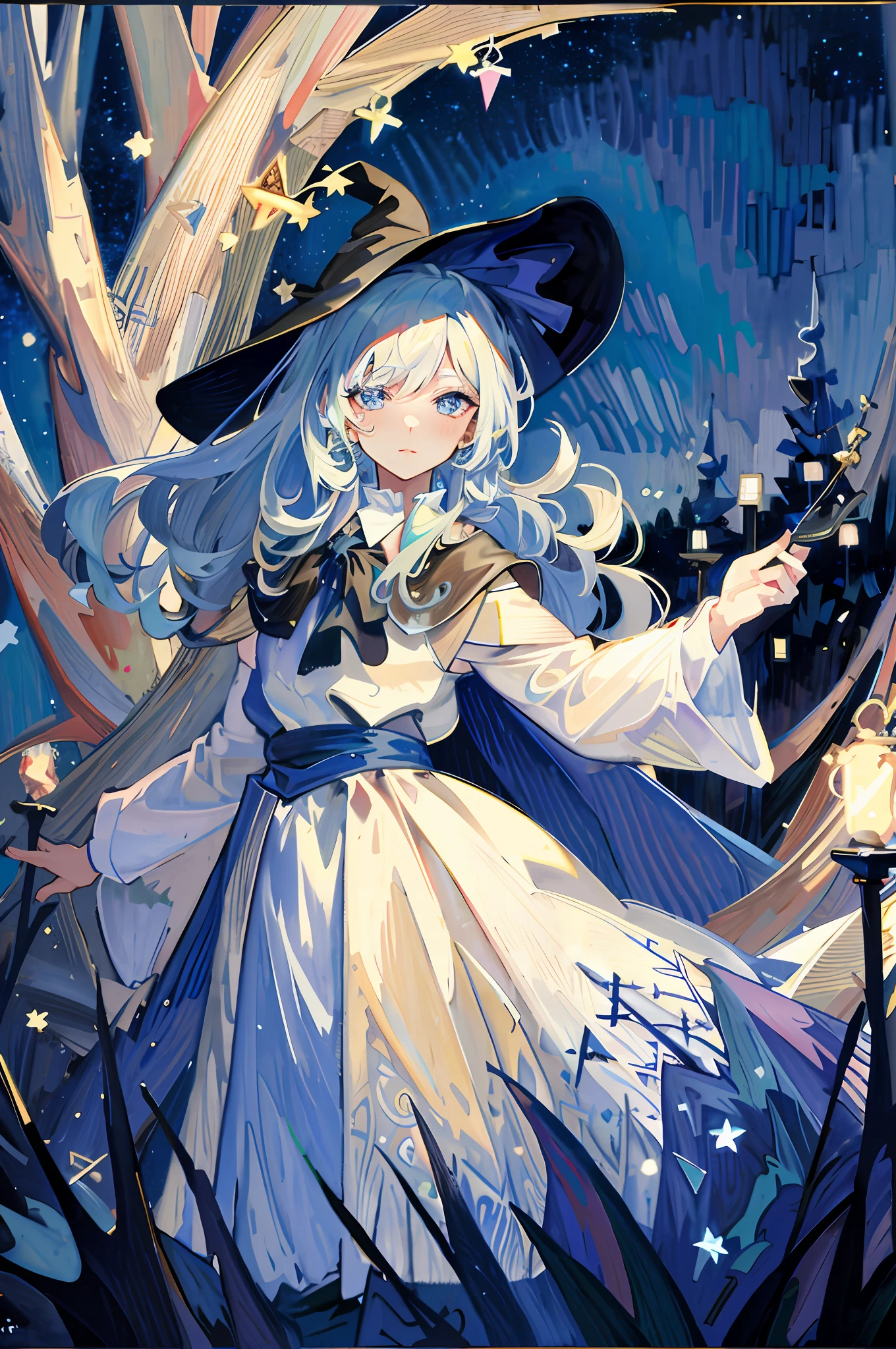 A close up of a person in a dress and hat holding a wand - SeaArt AI