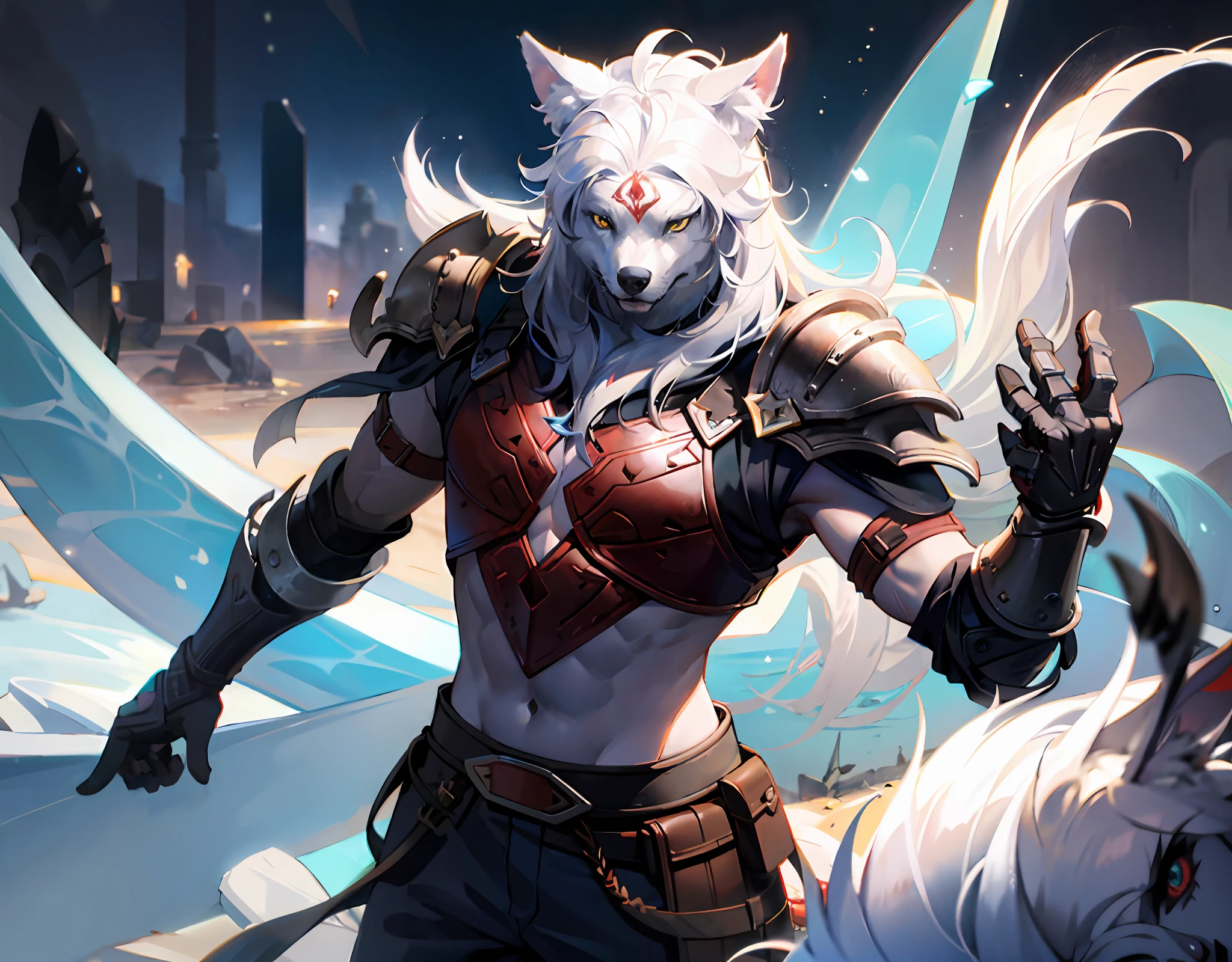 White Wolf God of War，Kill and poke the armor，Wolf head，full bodyesbian，photorealestic，glacier ...
