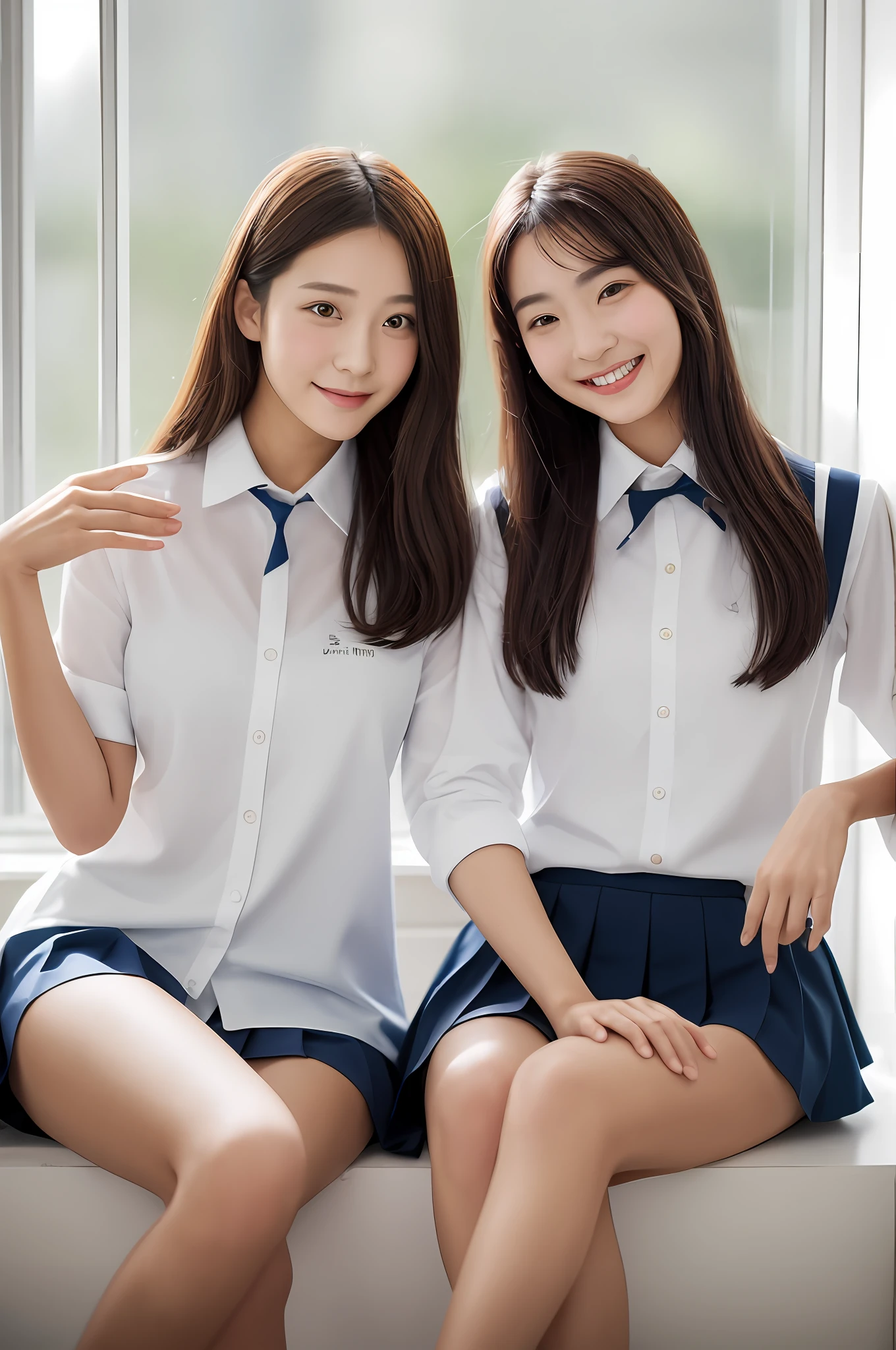 Two young women in school uniforms sitting on a window sill - SeaArt AI