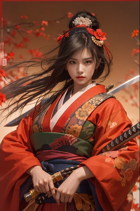 Beautiful female samurai in red kimono, Capture strength and grace ...