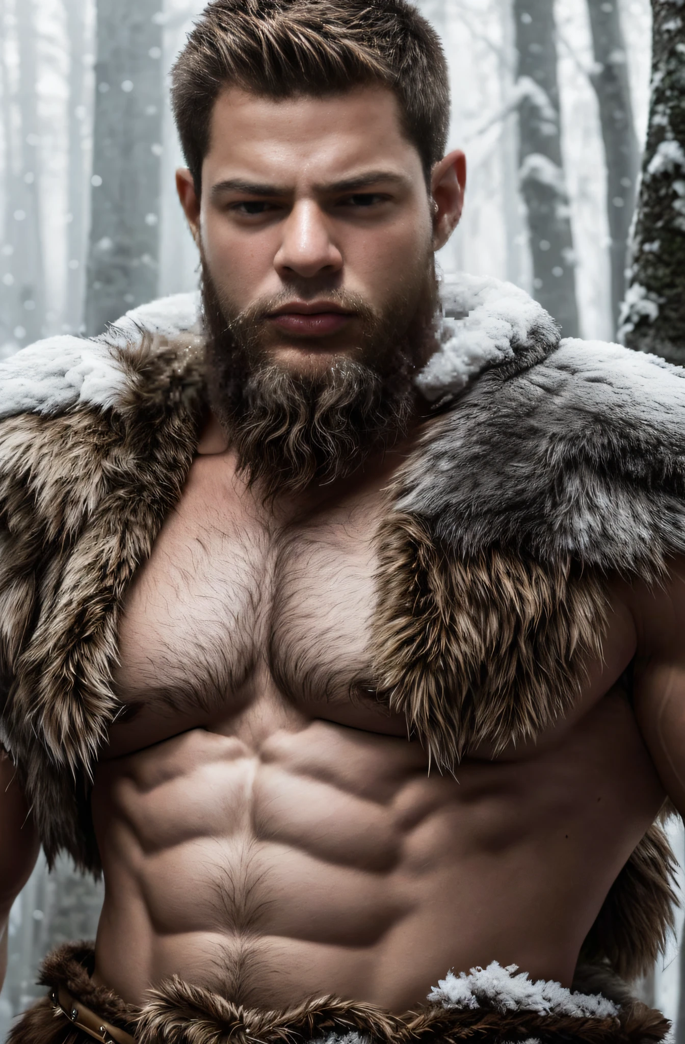 um close up de um homem com barba e casaco de pele, strong masculine features, guerreiro viking ...