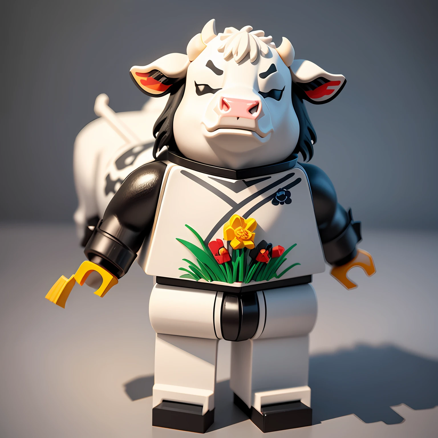 Lego cow with a black and white outfit and a yellow flower - SeaArt AI