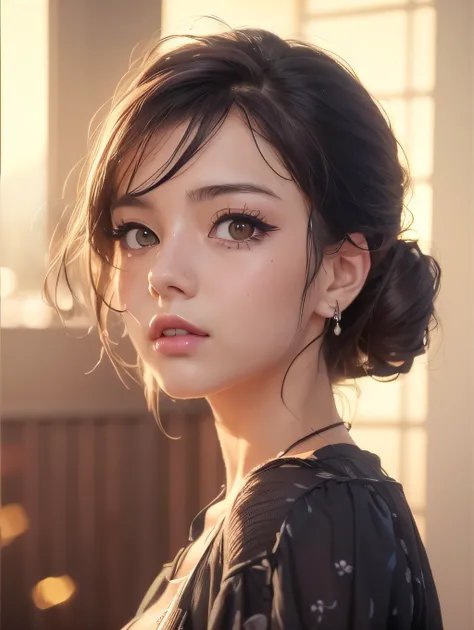 Woman with messy buns and lace top in hair, Beautiful Anime Portrait ...