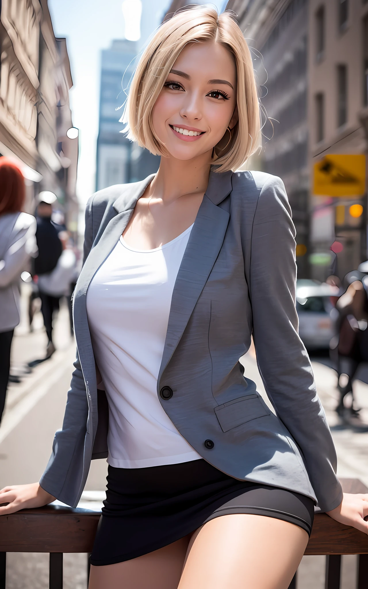 Arafed woman in a gray jacket and black shorts posing for a picture - SeaArt AI