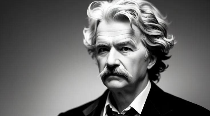 Mark Twain, the renowned American author, is captured in a captivating ...