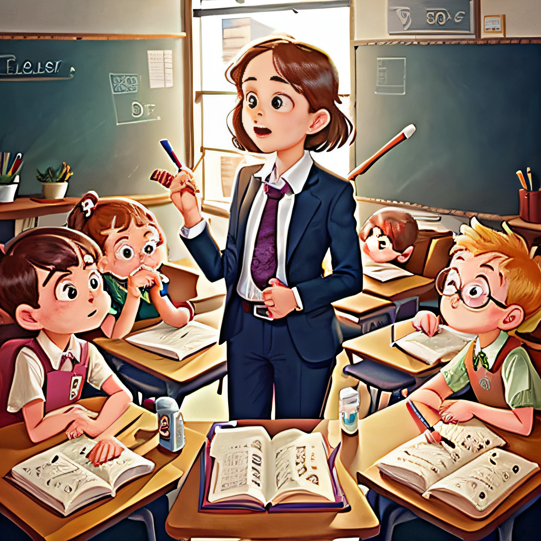 Cartoon illustration of a teacher teaching a class of children - SeaArt AI