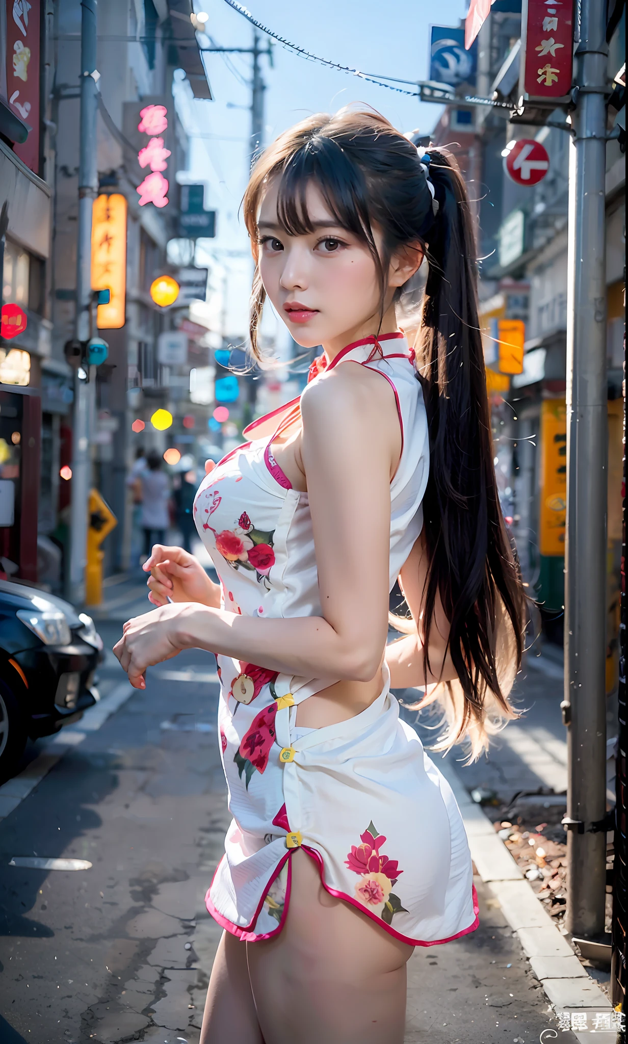 Arafed asian woman in a short dress posing on a city street - SeaArt AI