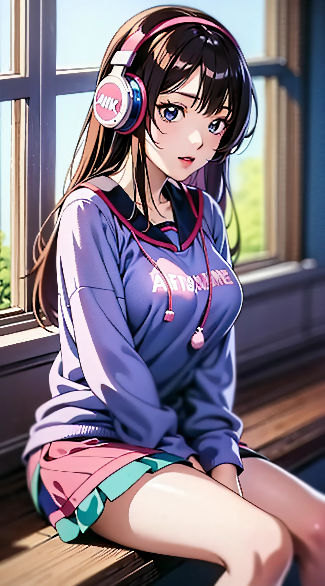 Anime girl sitting on a window sill with headphones on - SeaArt AI