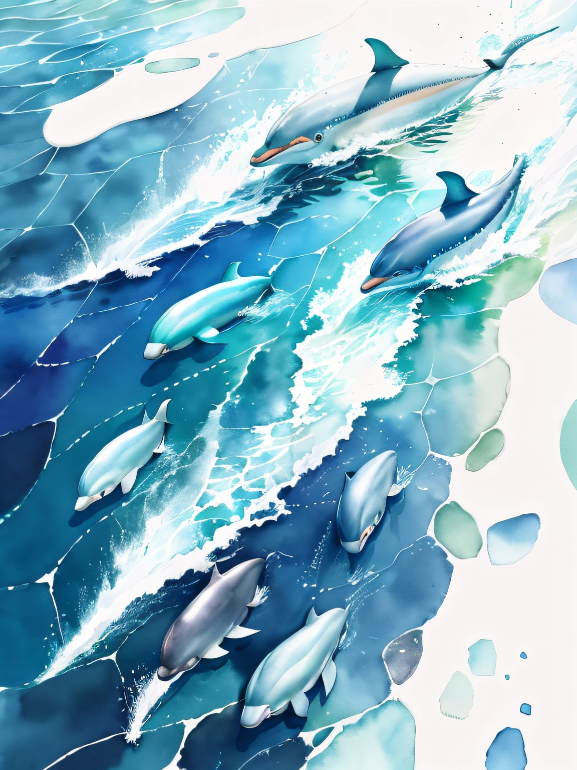 There are many dolphins swimming together in the sea, watercolor painting underwater, vibrant ...