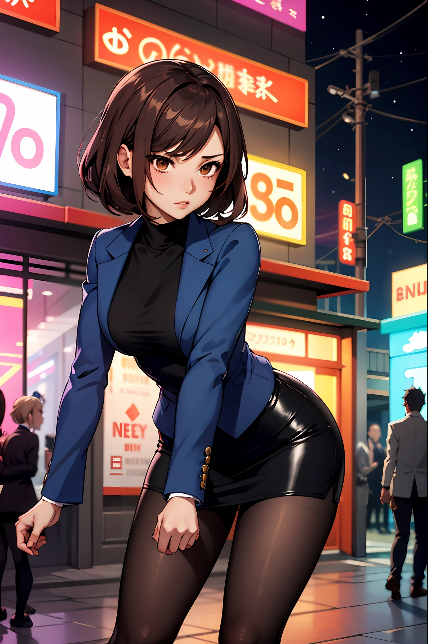 Anime girl in a short skirt and jacket standing on a city street ...