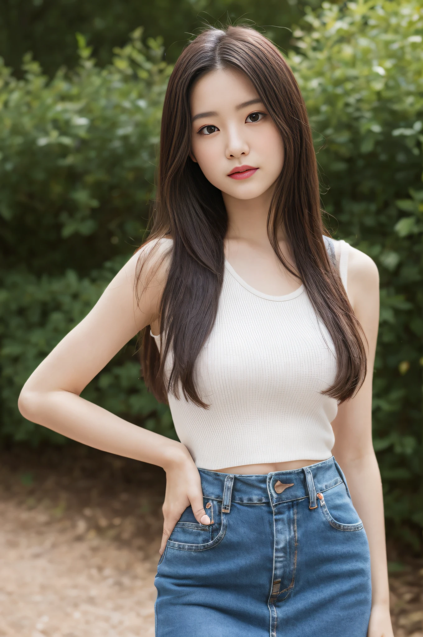 A woman in a white top and blue jeans posing for a picture - SeaArt AI