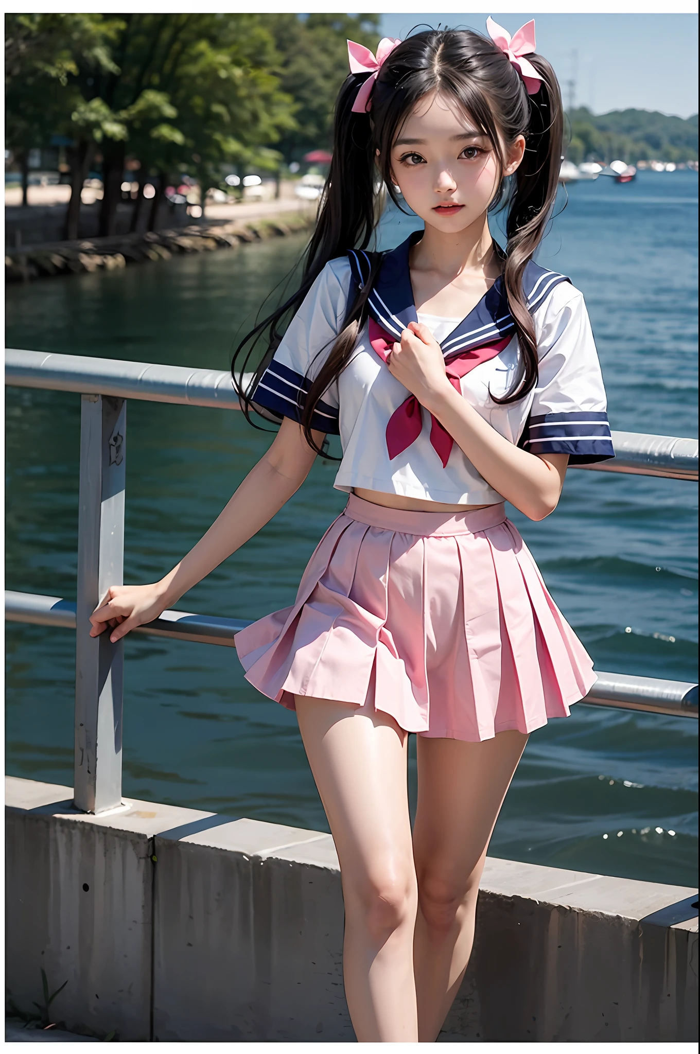 Arafed asian woman in a sailor outfit posing by the water - SeaArt AI