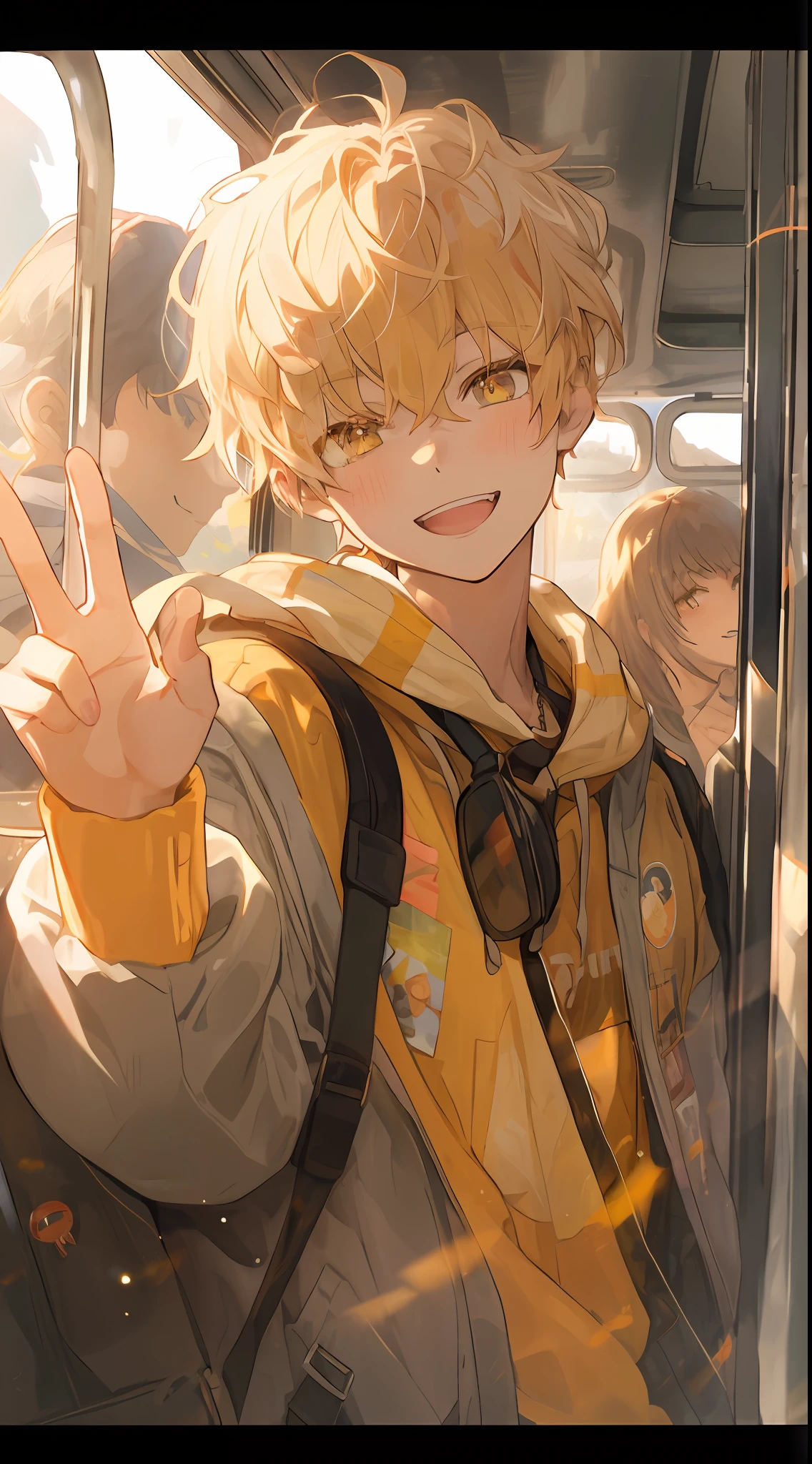 Anime boy with blonde hair and backpack on a bus - SeaArt AI