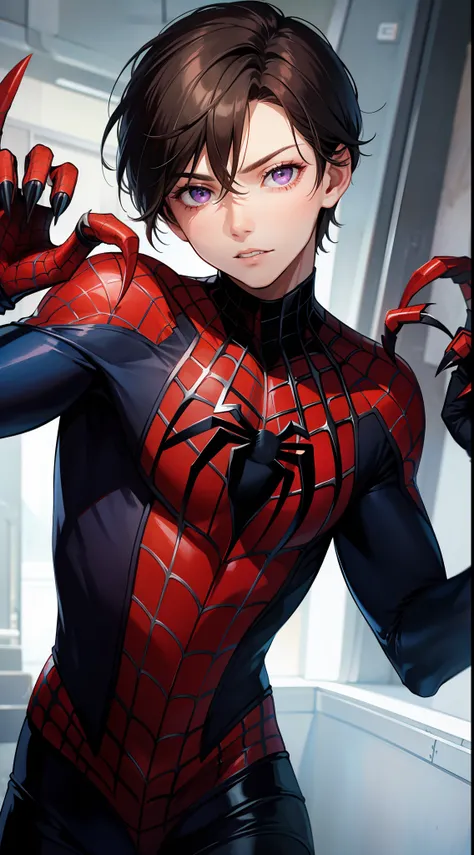 Little boy, short brown hair, green eyes, Spider-Man shape 2099, smile ...