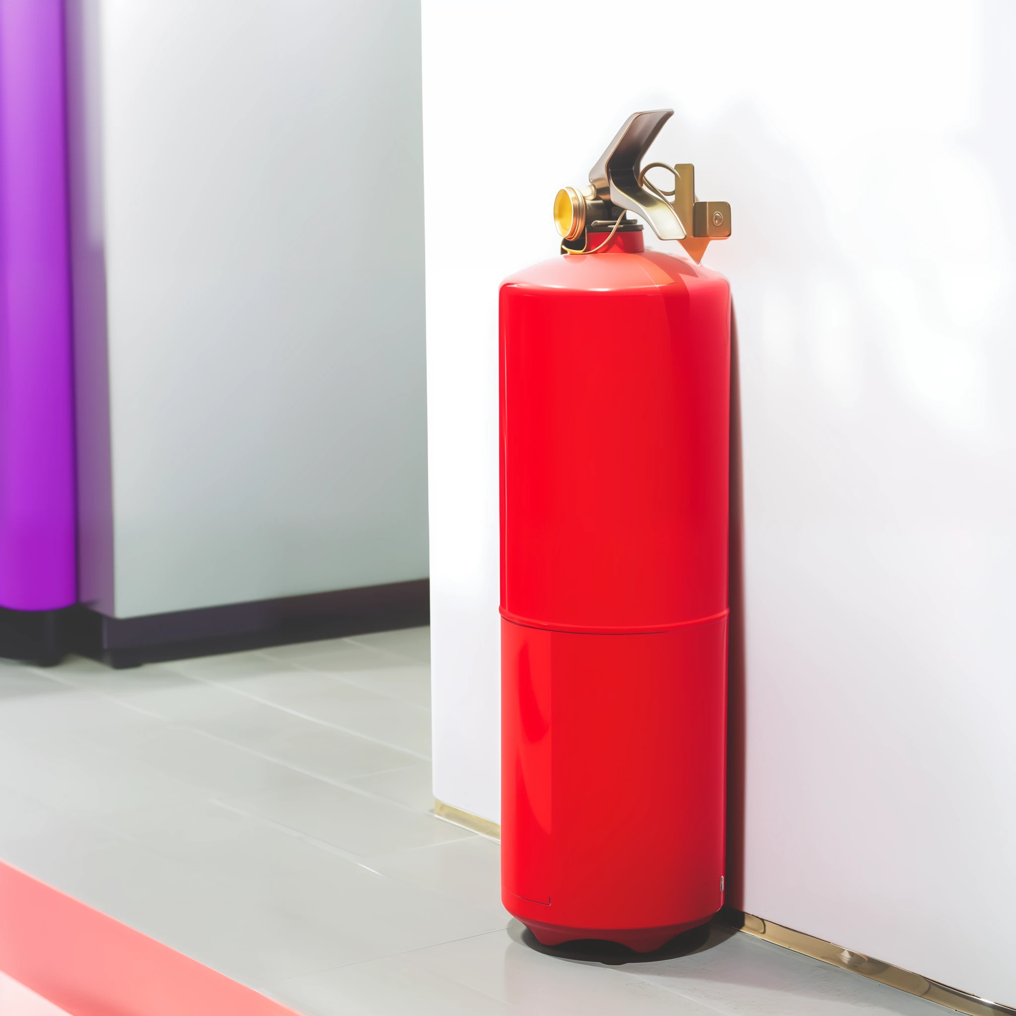 There is a red fire extinguisor sitting on the floor - SeaArt AI