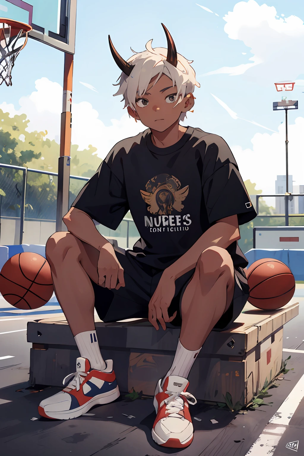 Anime boy sitting on a box with a basketball ball and a basketball hoop ...