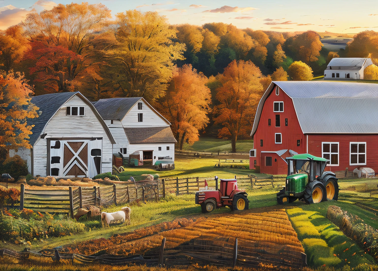 Painting of a farm with a tractor and farm animals - SeaArt AI