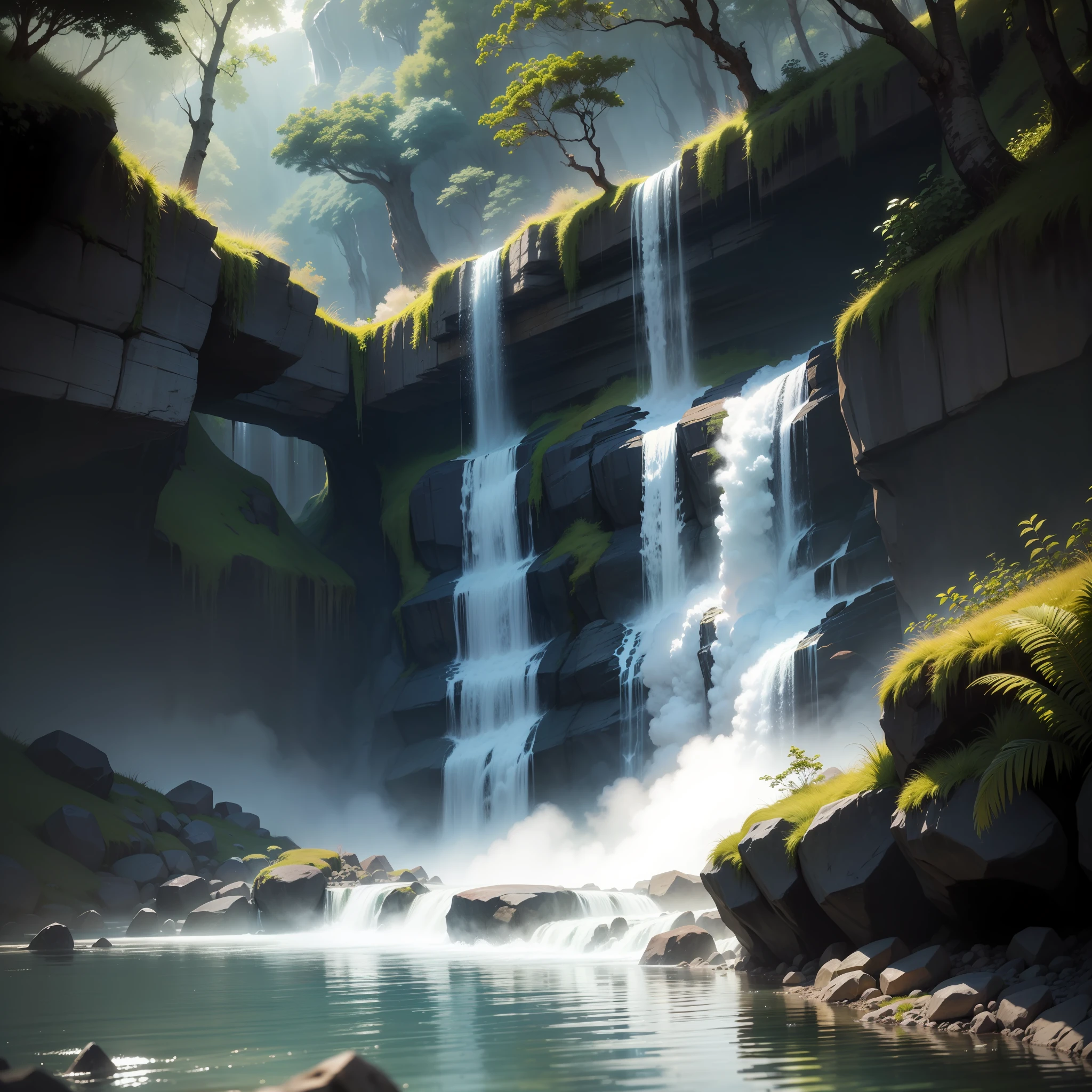 A painting of a waterfall in a forest with rocks and trees - SeaArt AI