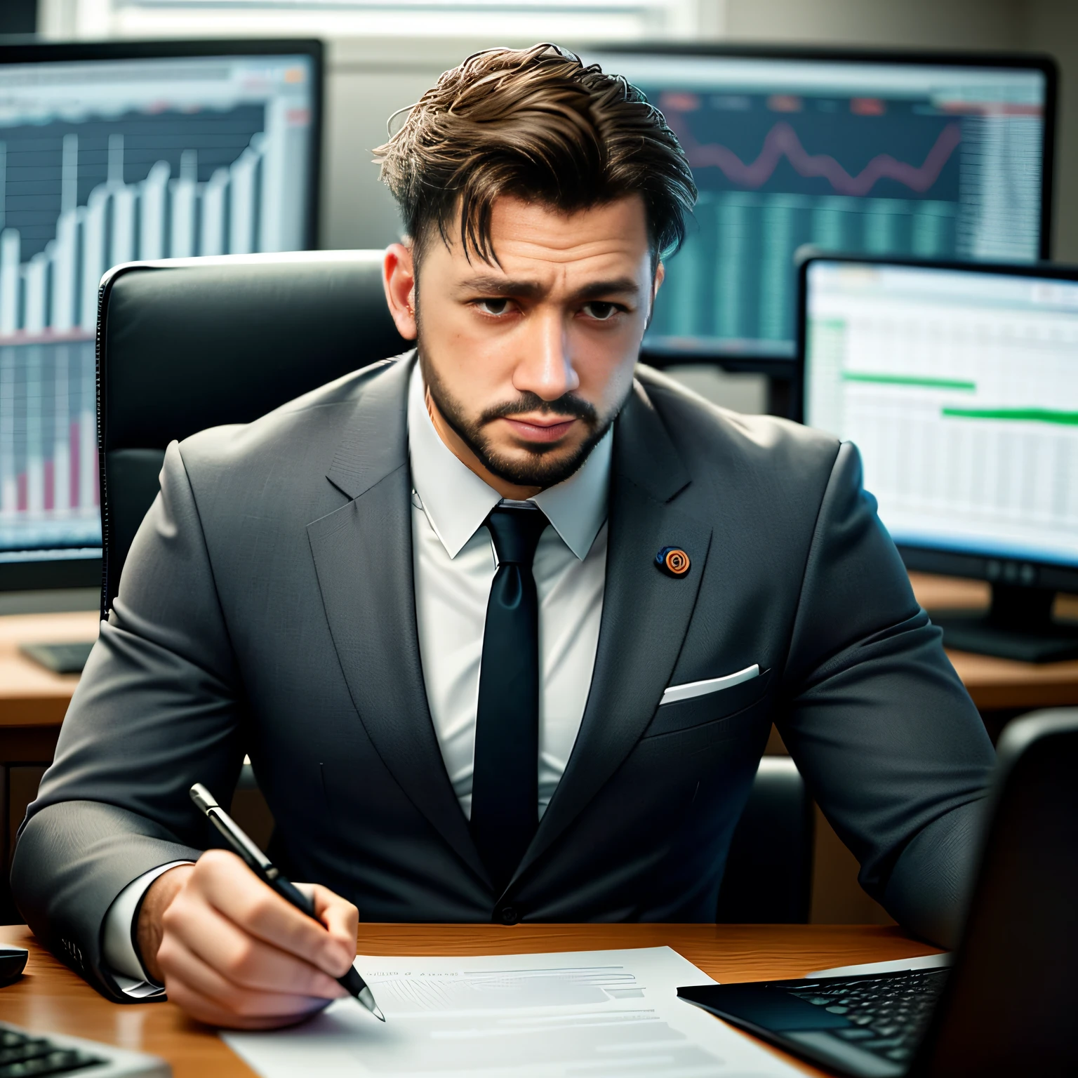 Quiero una foto increíblemente realista de un hombre de traje sentado frente a una pantalla de ...