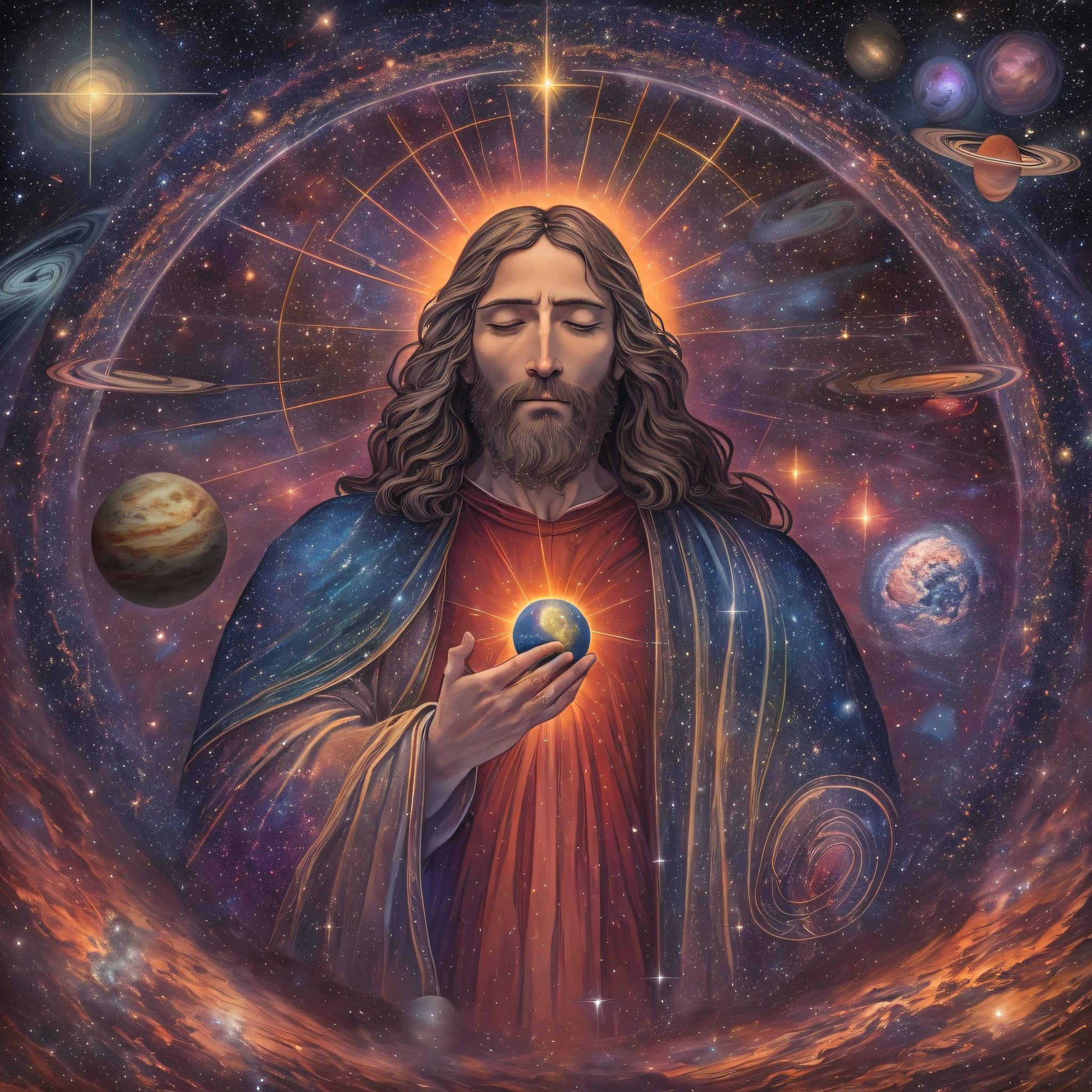 Jesus Cristo o centro do universo, Ele é alto e resoluto, contemplando ...