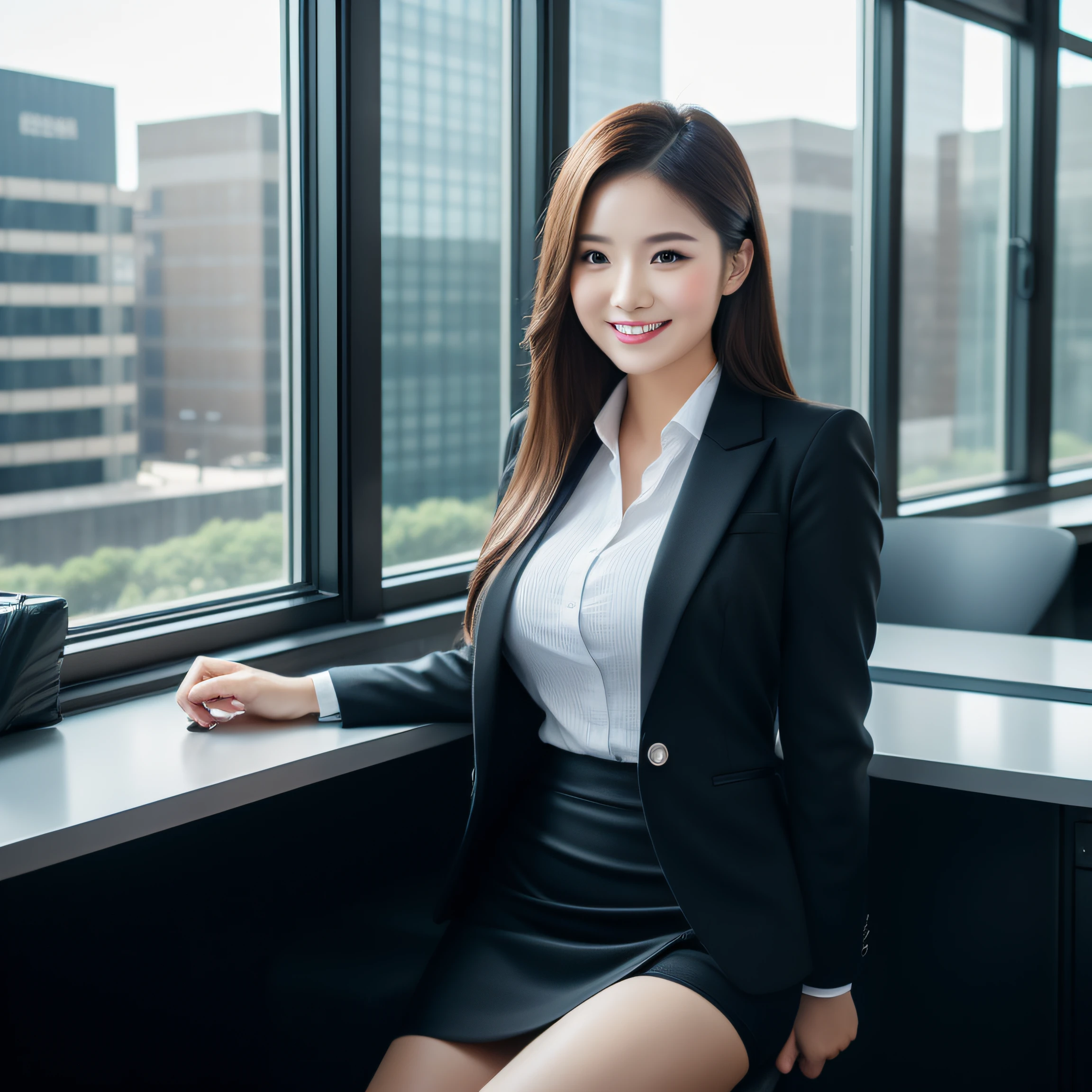 A Woman In A Black Skirt And White Shirt Sitting On A Window Sill