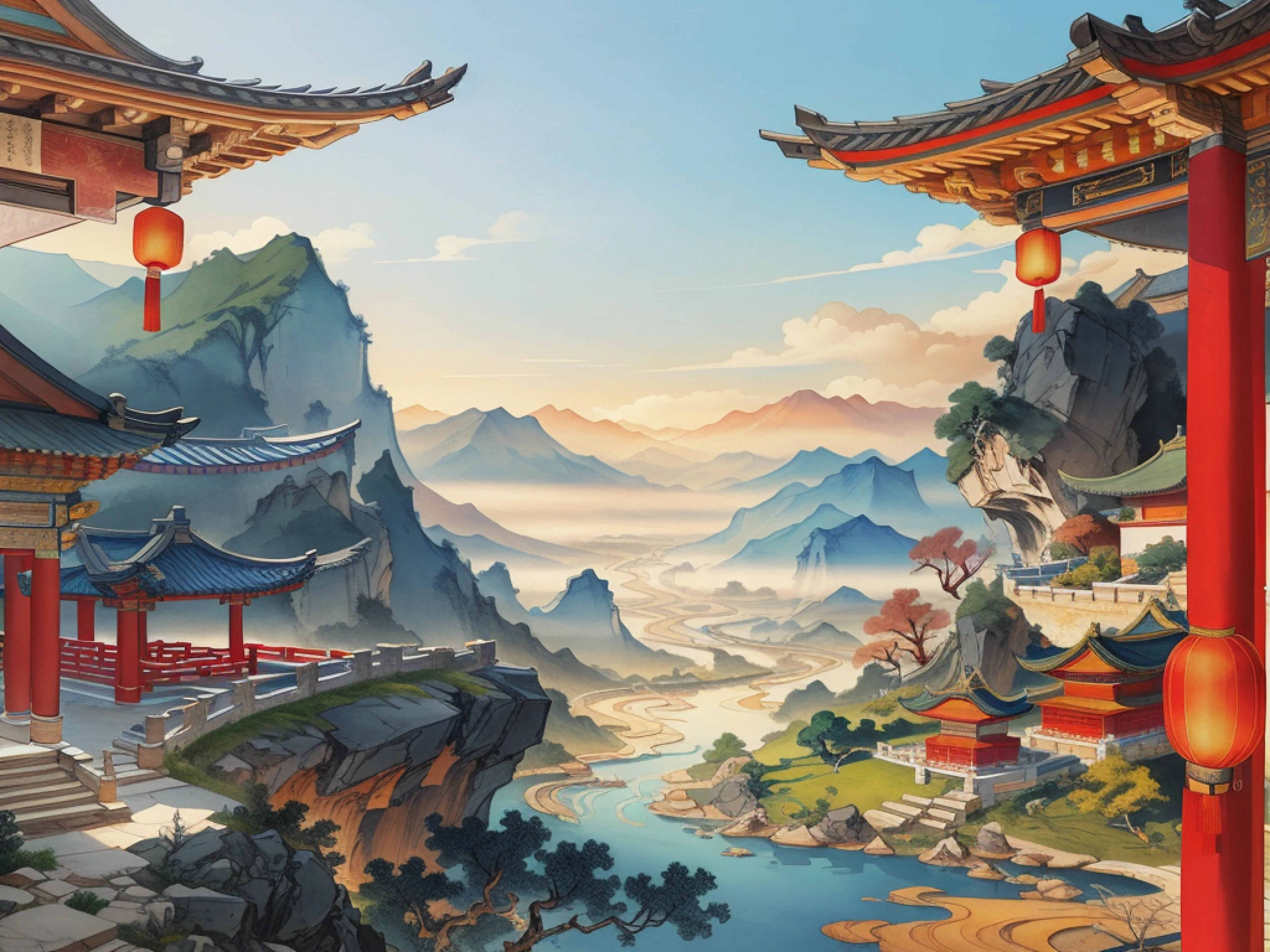 Ancient Chinese landscapes, ancient buildings, pavilions, carved beams ...