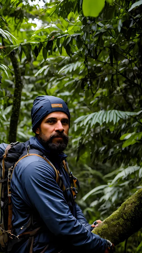 Strong muscular man，street angry，backpacks，the rainforest，soggy，A ...