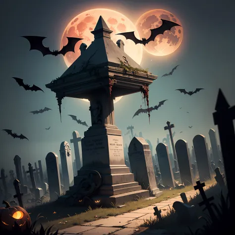 Halloween poster, graveyard, broken bones, bats, ray tracing - SeaArt AI