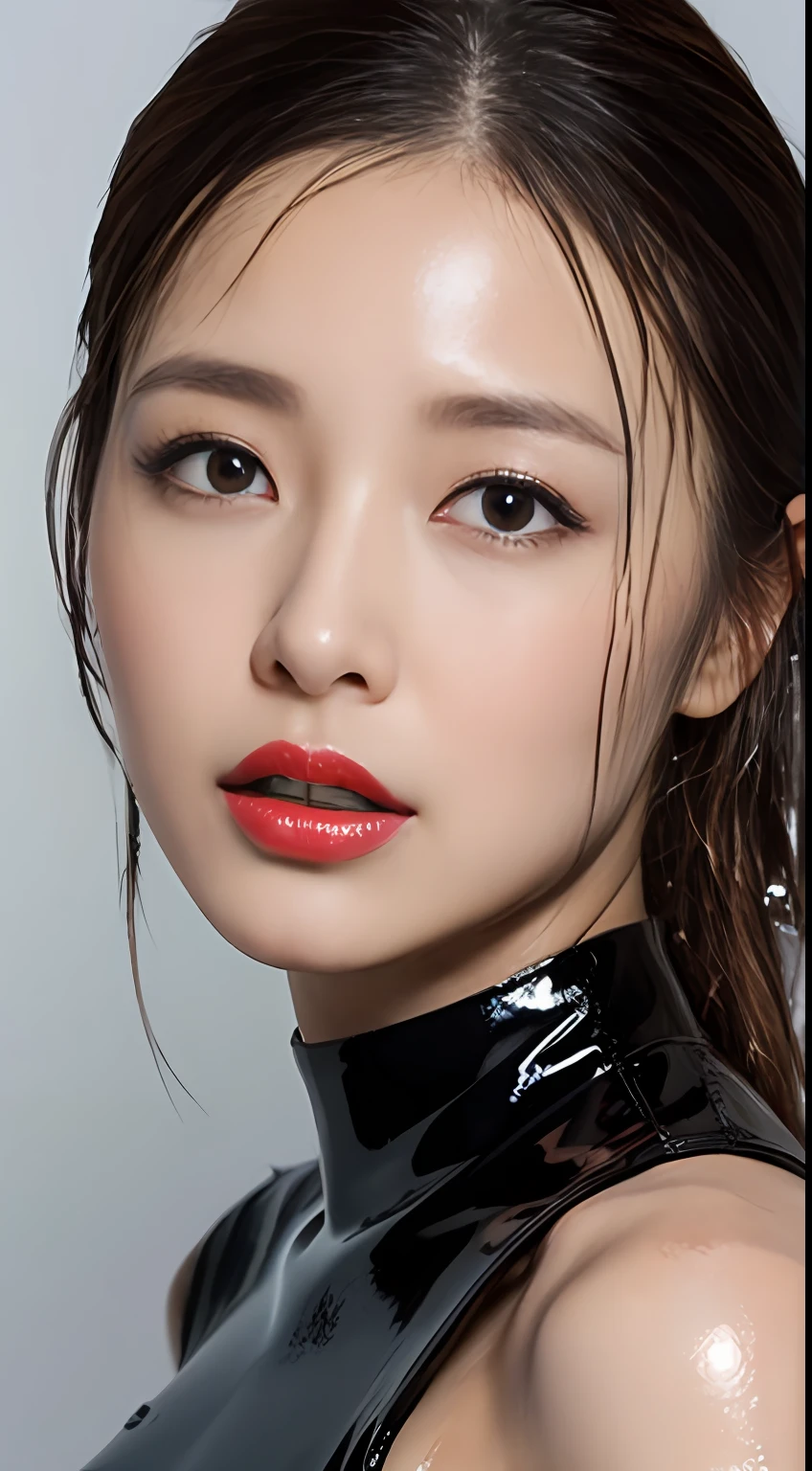 A close up of a woman wearing a black top and red lipstick - SeaArt AI