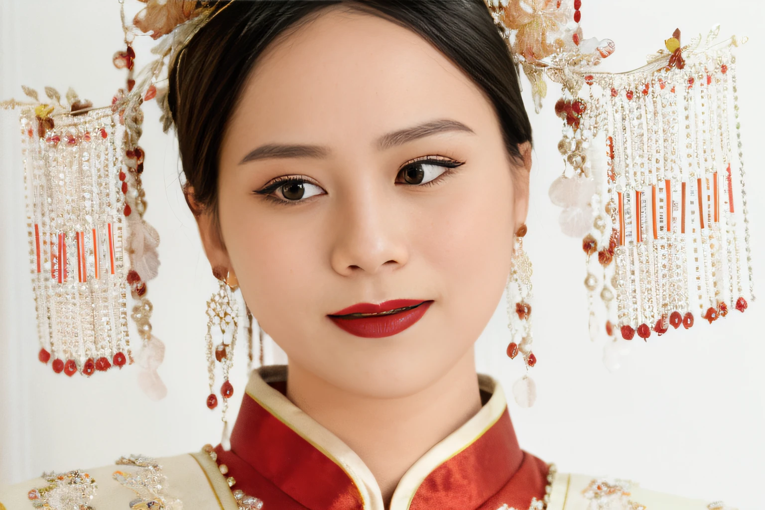 Araffe woman in a red and white dress with a red and gold headpiece - SeaArt AI