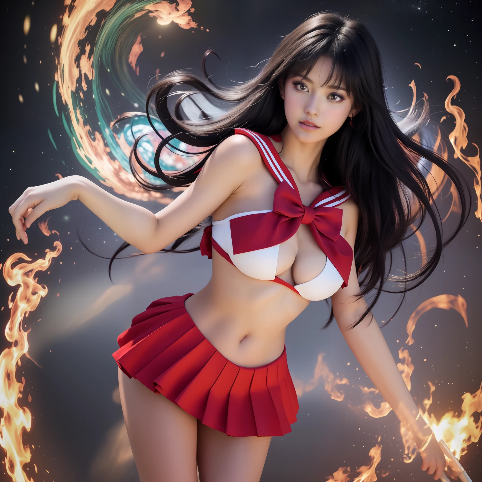 Sailors mars, sailor moon dress, white dress red skirt, revealing clothes, big boobs - SeaArt AI