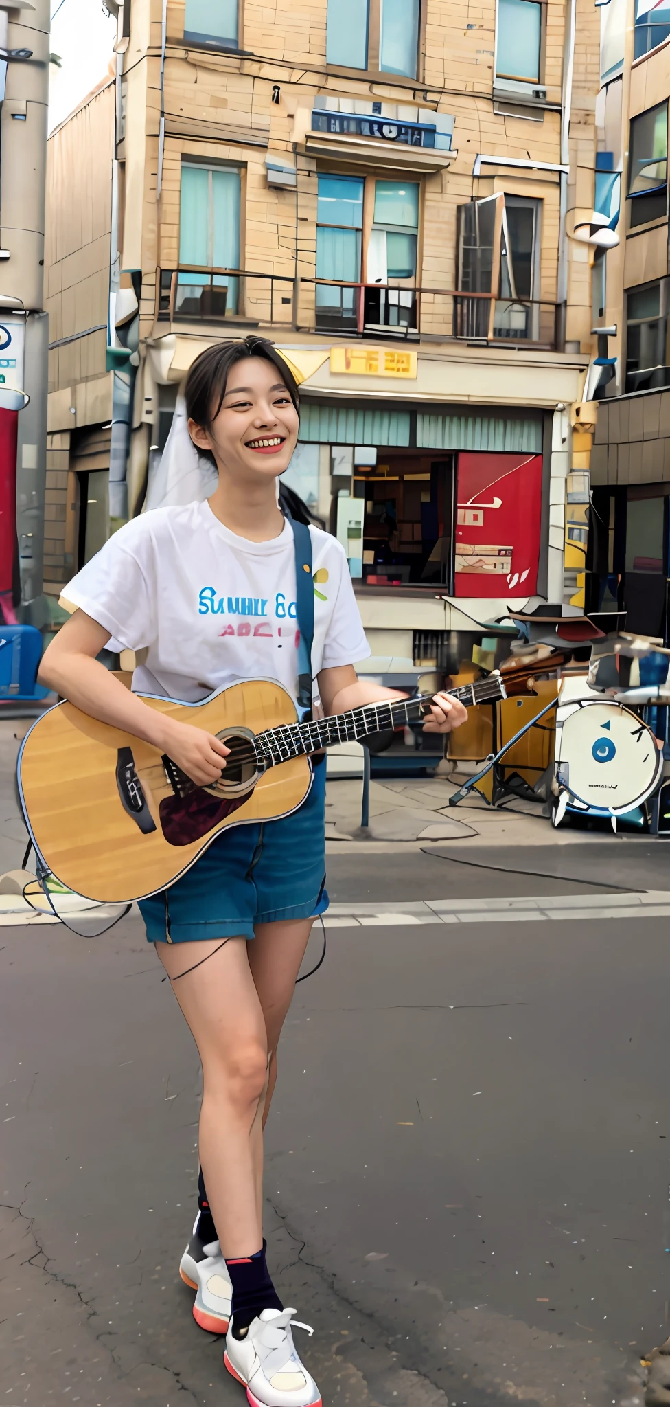 Araffe girl walking down the street with a guitar in her hand - SeaArt AI