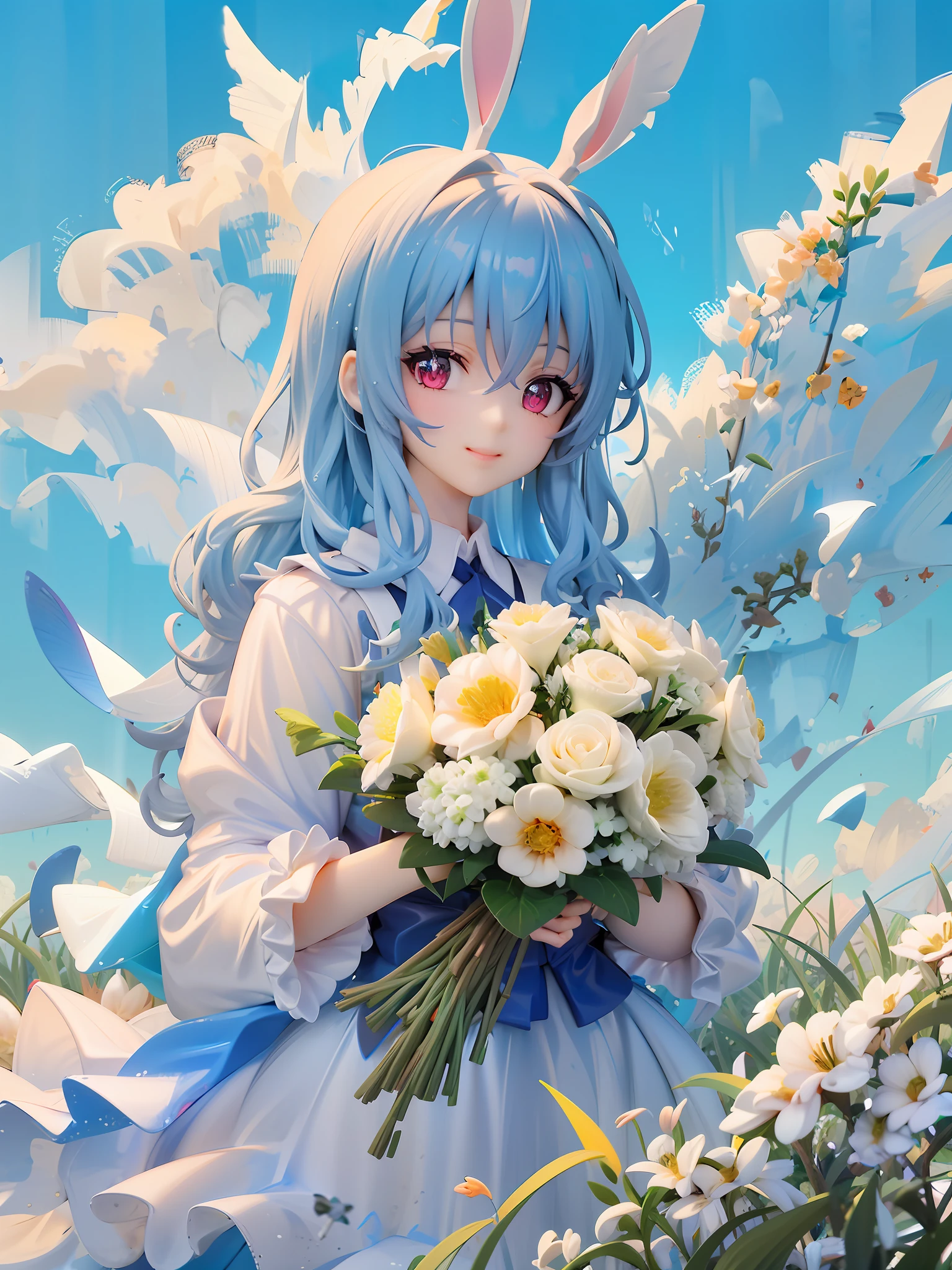 1 chica en, pelo azul claro, pelo largo ondulado, orejas de conejo ...