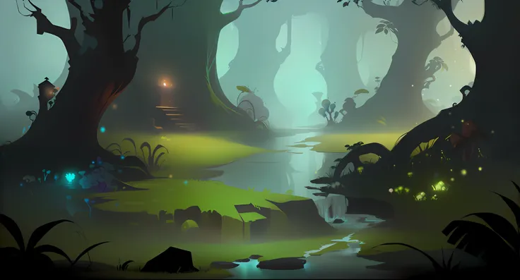 There is a cartoon scene of a forest with a pond and a house，swampy ...