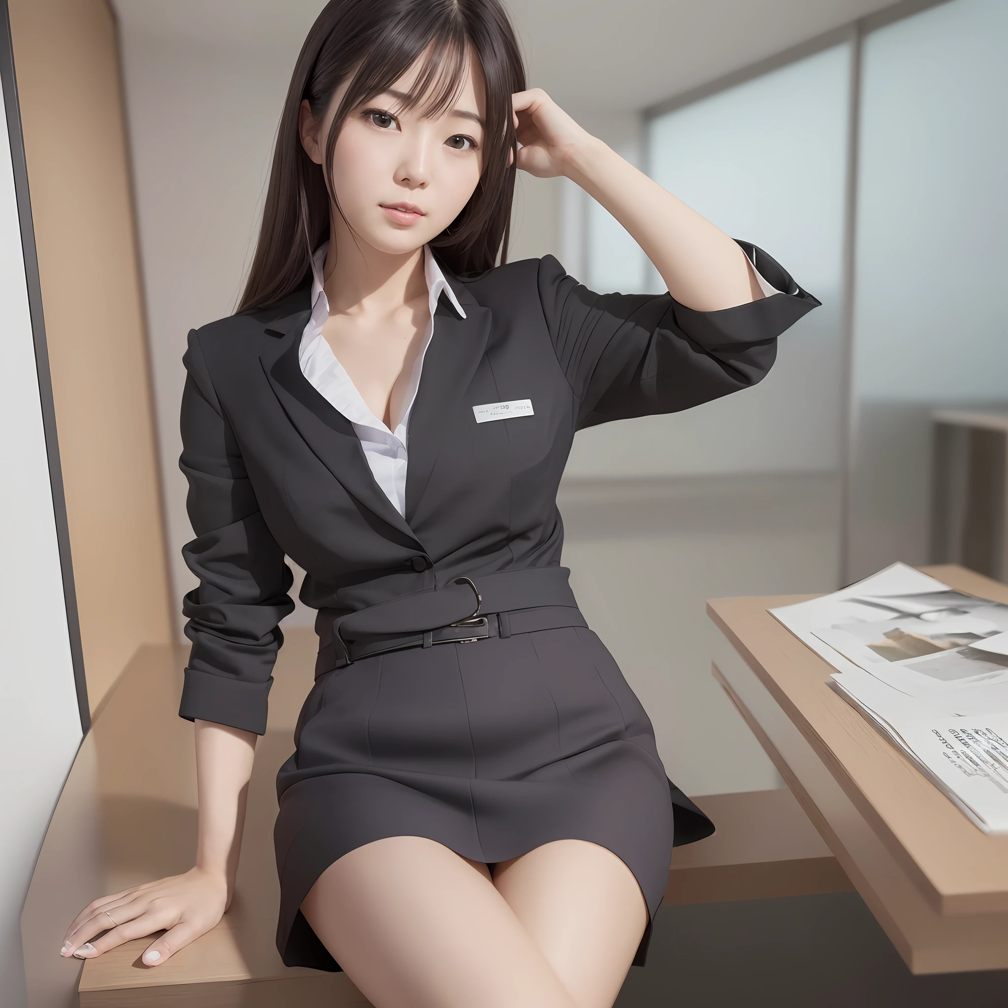 Arafed asian woman in a short skirt suit sitting on a desk - SeaArt AI