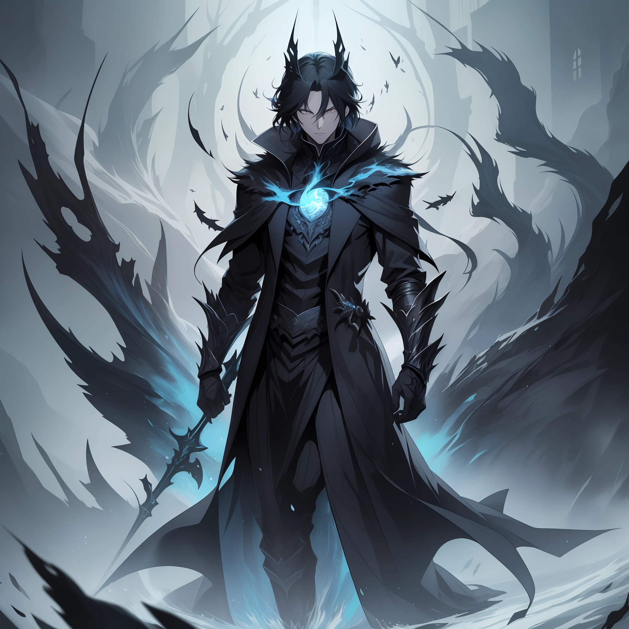 An man anime character stands in a dramatic full-body close-up ...