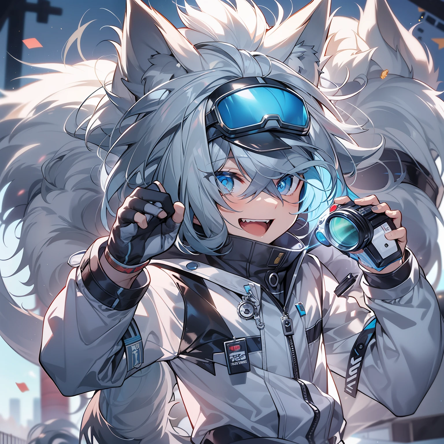 Anime girl with goggles and a cat costume holding a camera - SeaArt AI
