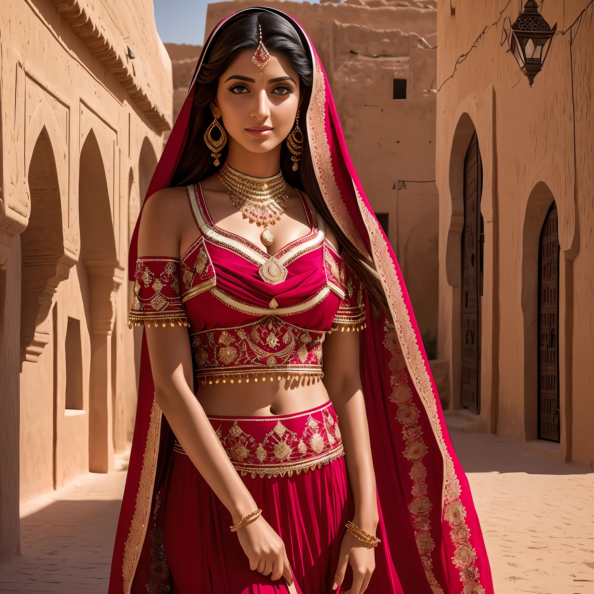 Araffe woman in a red outfit and gold jewelry standing in a courtyard - SeaArt AI