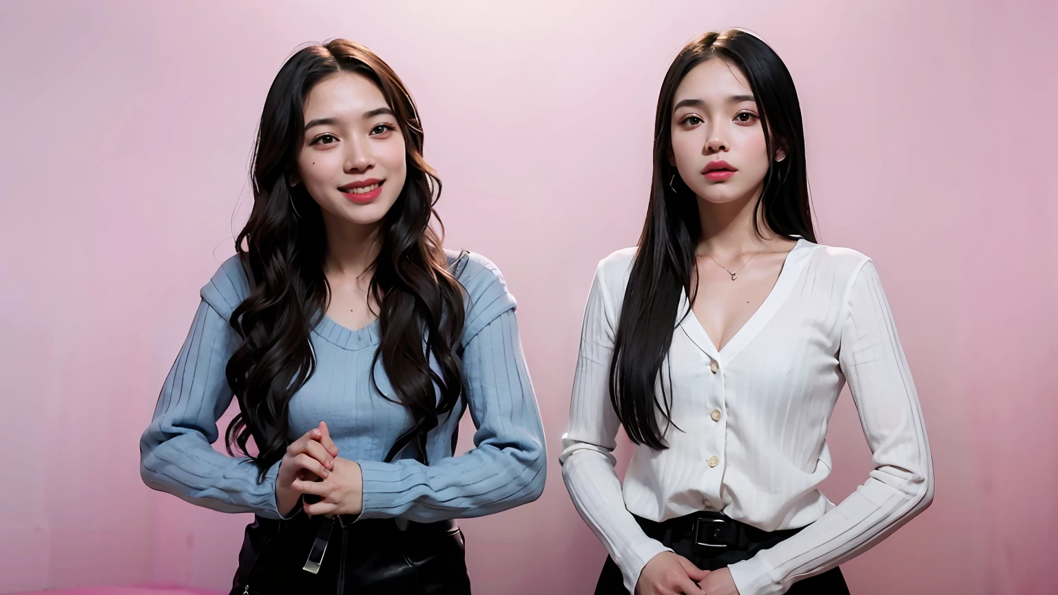 HD, 8k, hyper realistic, two women standing next to each other in front of a pink background ...