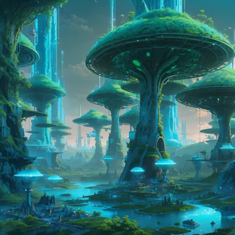 futuristic alien village in the middle of a purple alien forest, alien ...