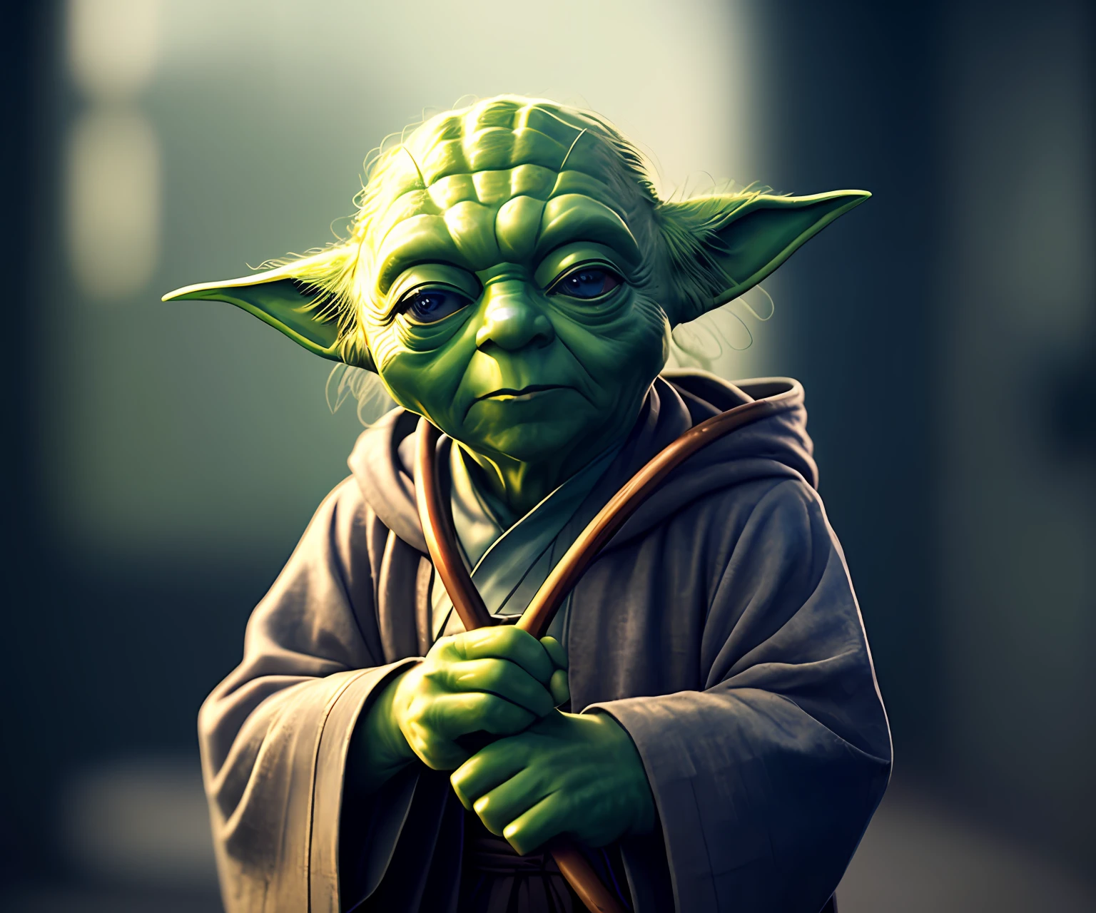 4k, a low Master Yoda with a cane, eye contact, focus, background ...