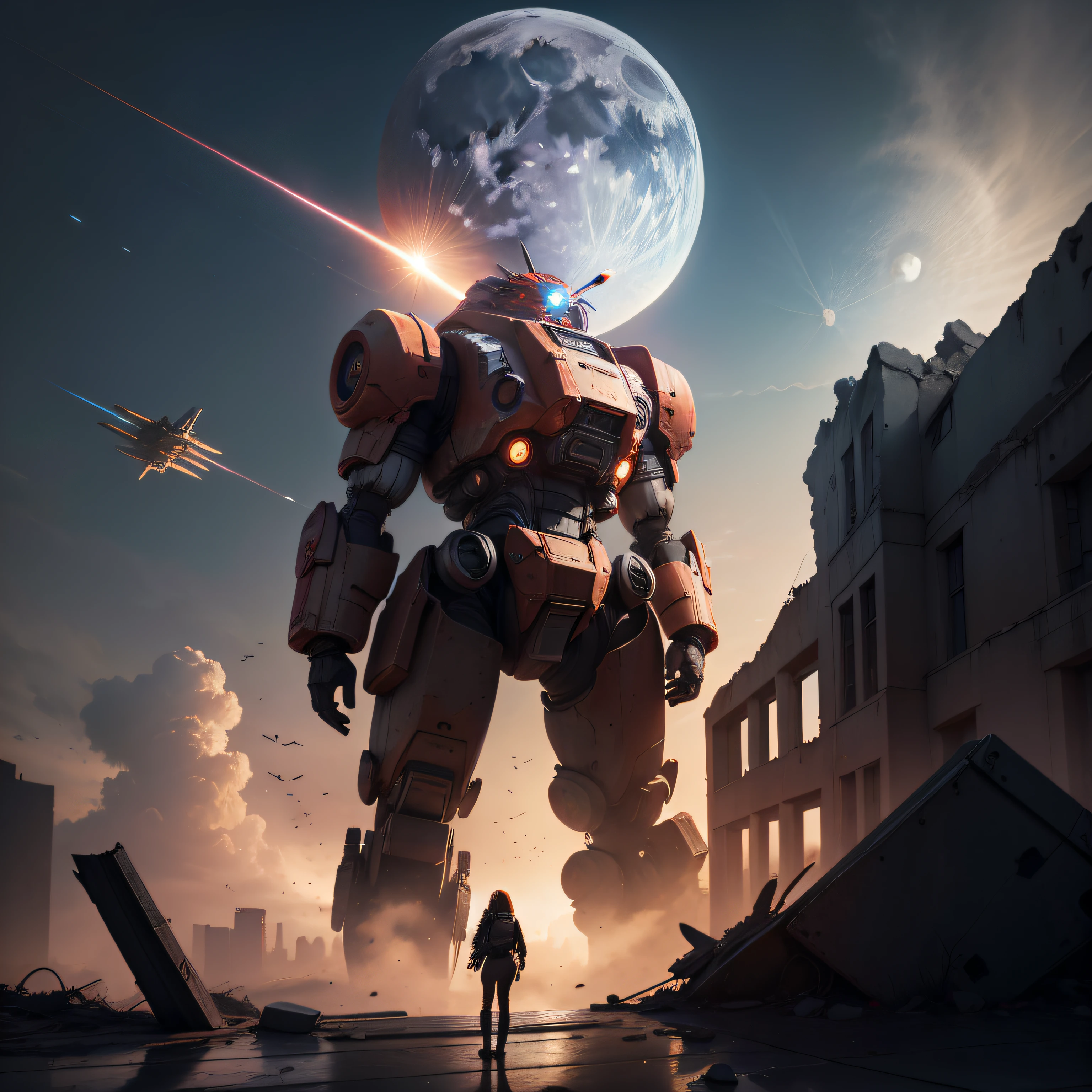 A young girl in her twenties stood on the roof and watched，A sci-fi red ...