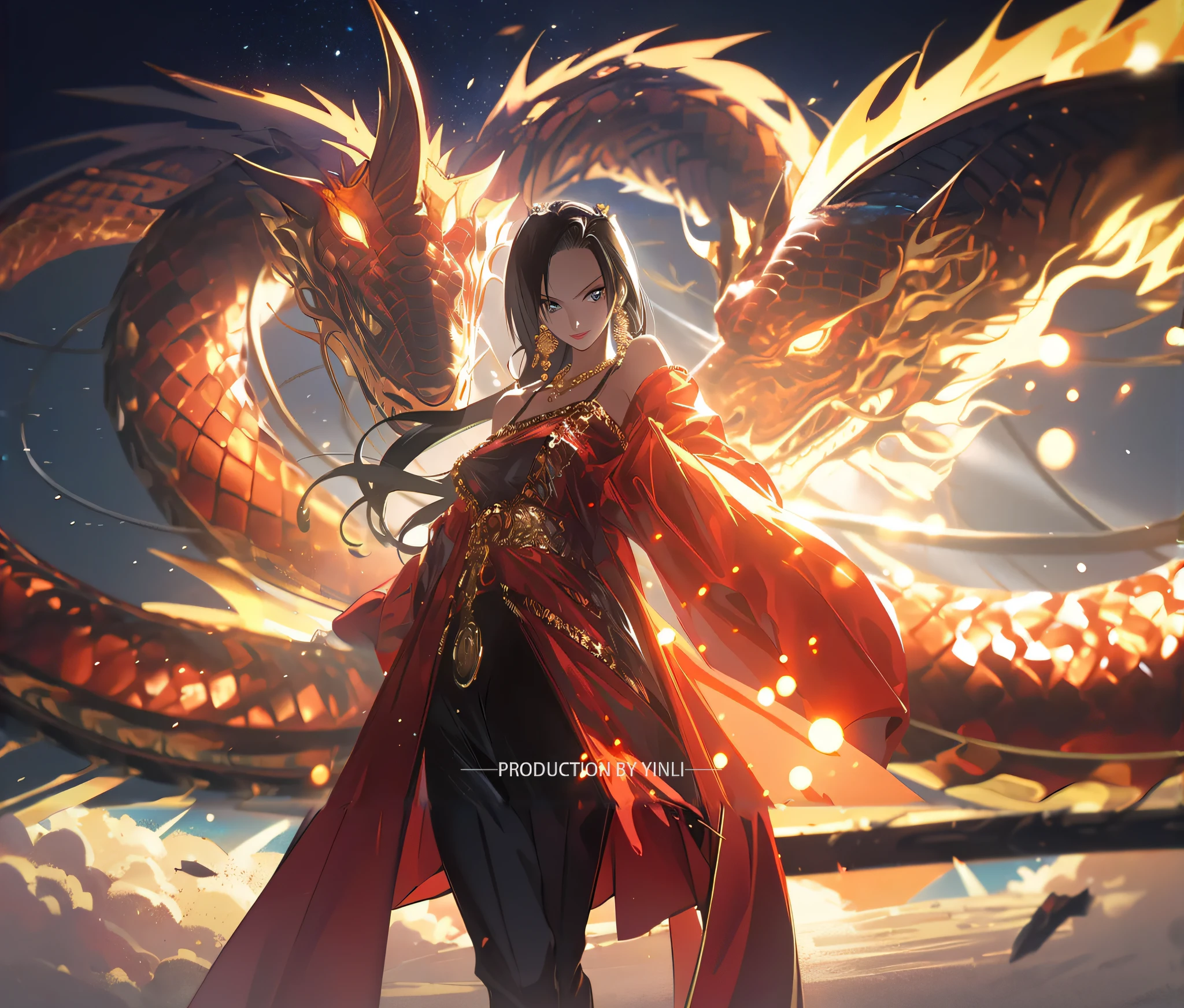A woman in a red coat standing next to a dragon - SeaArt AI